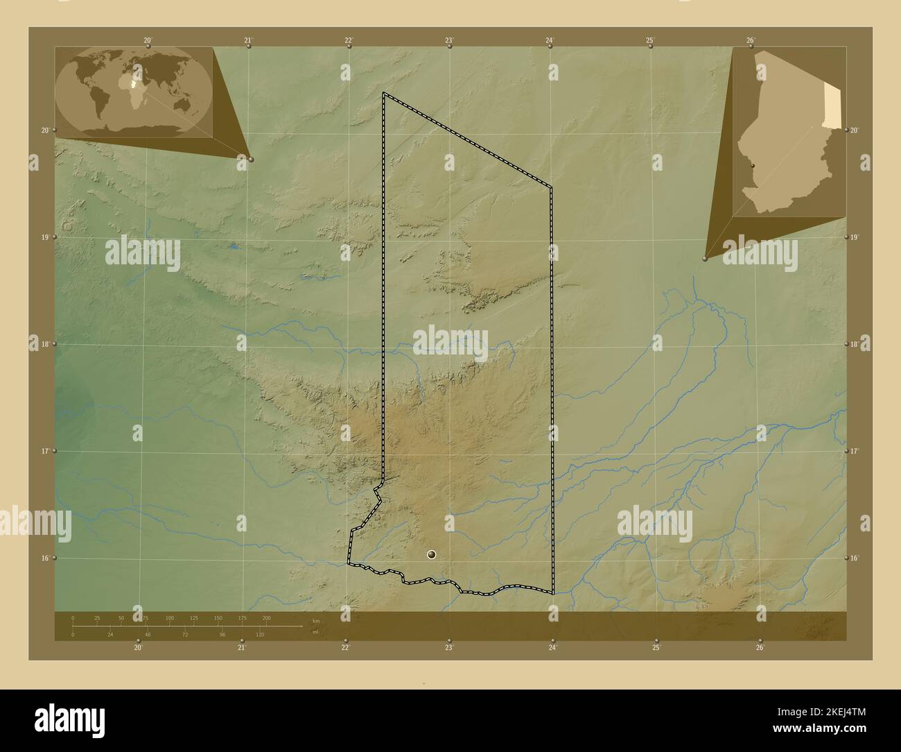 Ennedi Est, region of Chad. Colored elevation map with lakes and rivers ...