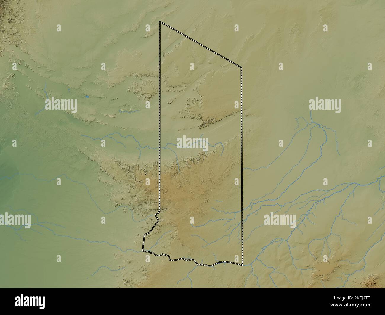 Ennedi Est, region of Chad. Colored elevation map with lakes and rivers ...