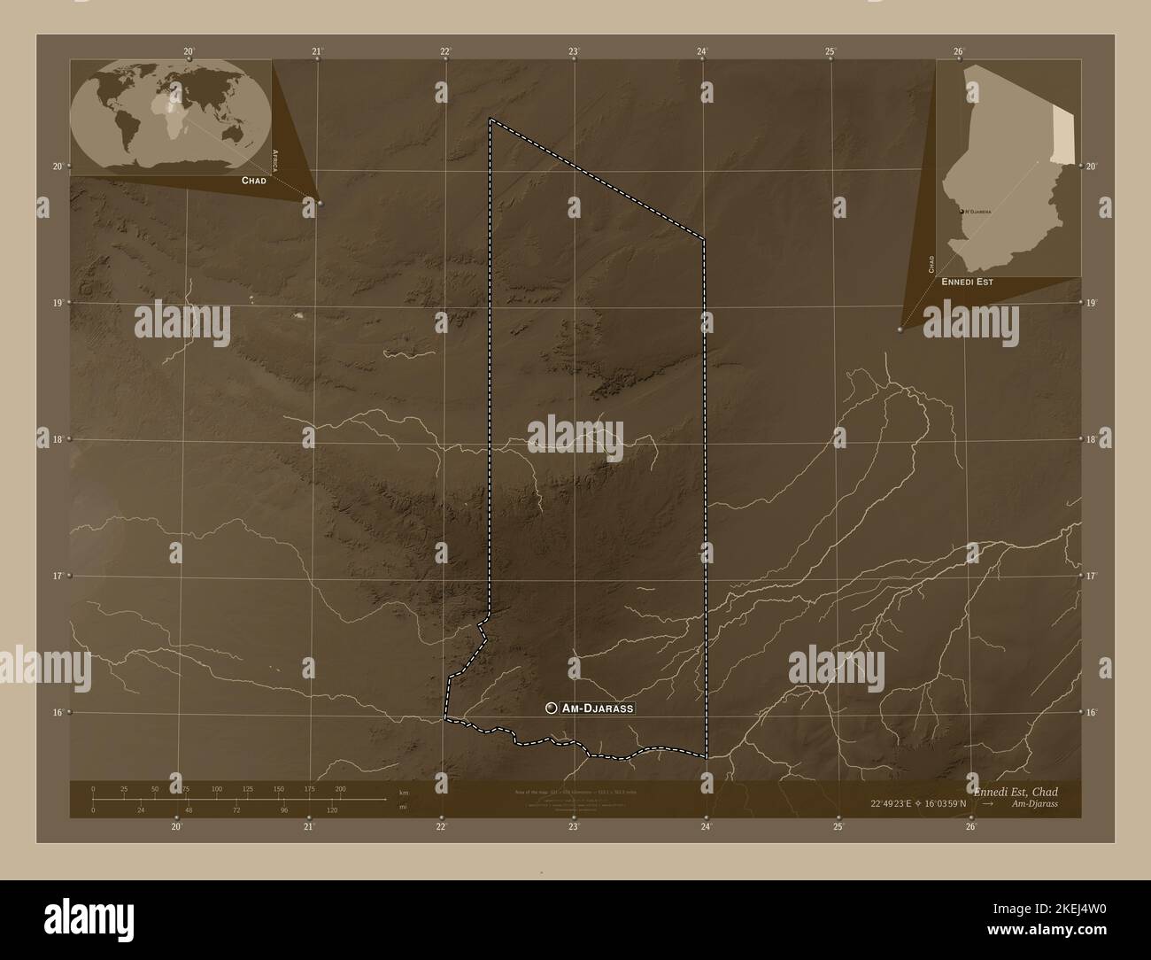 Ennedi Est, region of Chad. Elevation map colored in sepia tones with ...