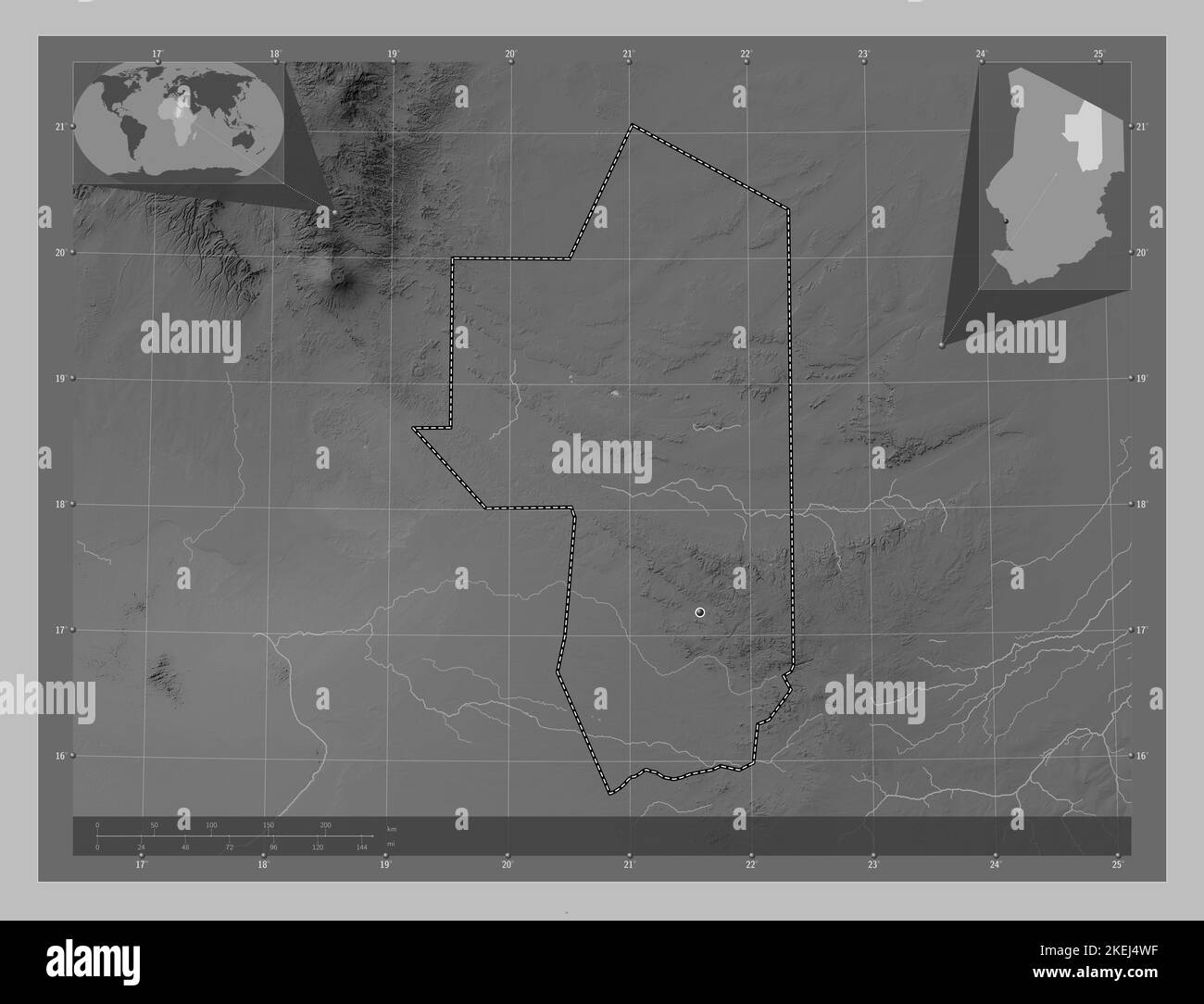 Ennedi Ouest, region of Chad. Grayscale elevation map with lakes and ...