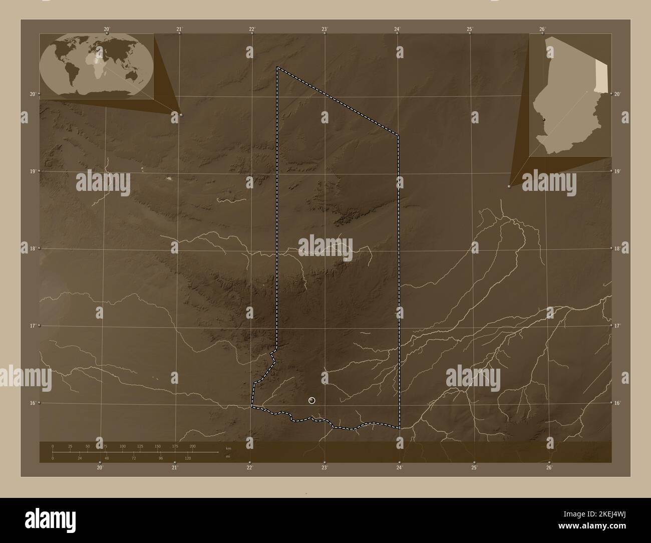 Ennedi Est, region of Chad. Elevation map colored in sepia tones with ...
