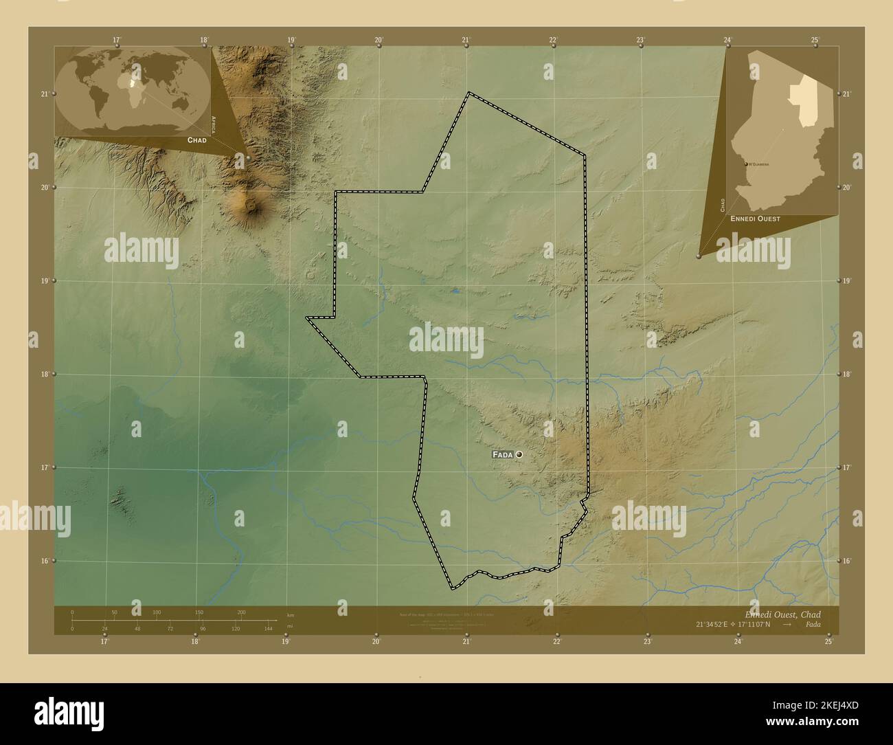 Ennedi Ouest, region of Chad. Colored elevation map with lakes and ...