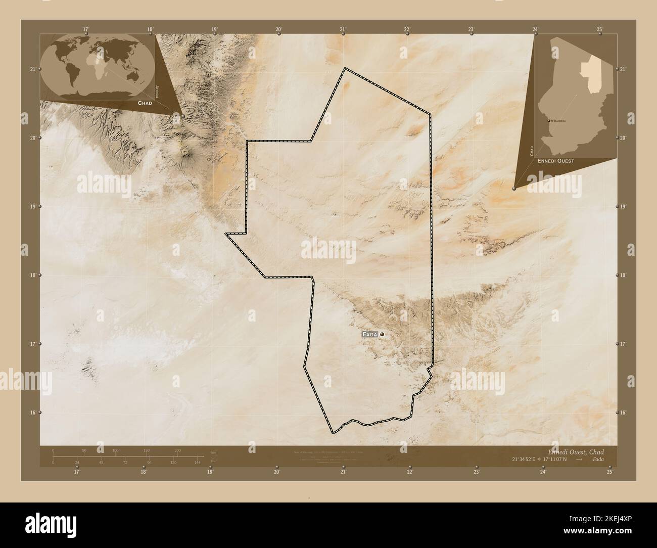 Ennedi Ouest, region of Chad. Low resolution satellite map. Locations ...