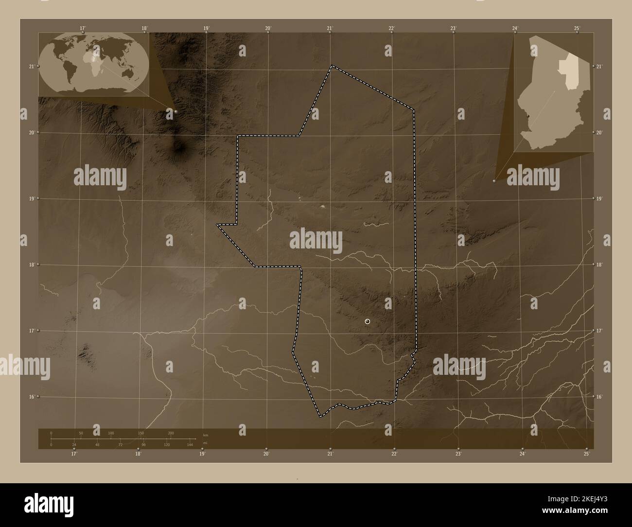 Ennedi Ouest, region of Chad. Elevation map colored in sepia tones with ...