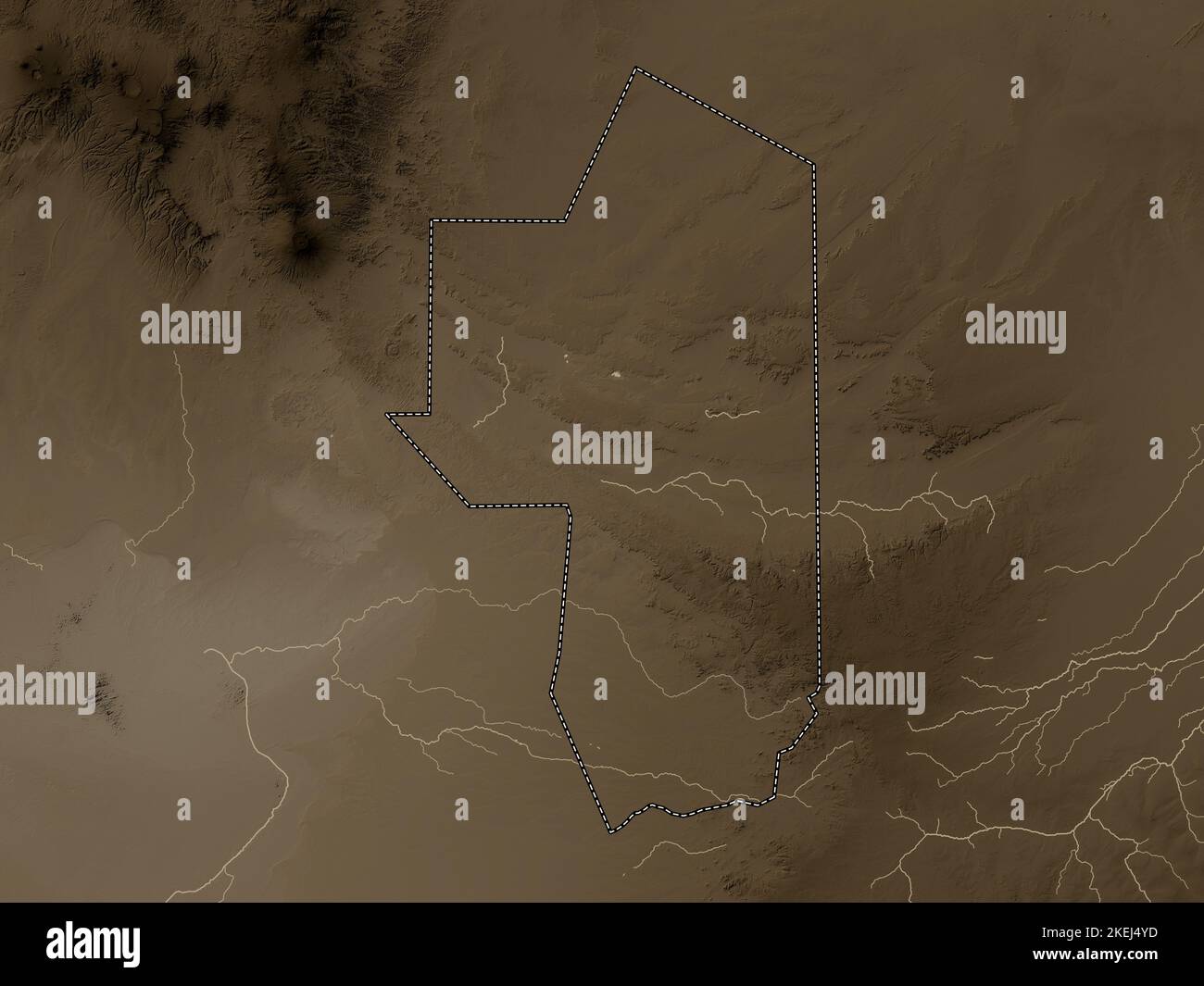 Ennedi Ouest, region of Chad. Elevation map colored in sepia tones with ...