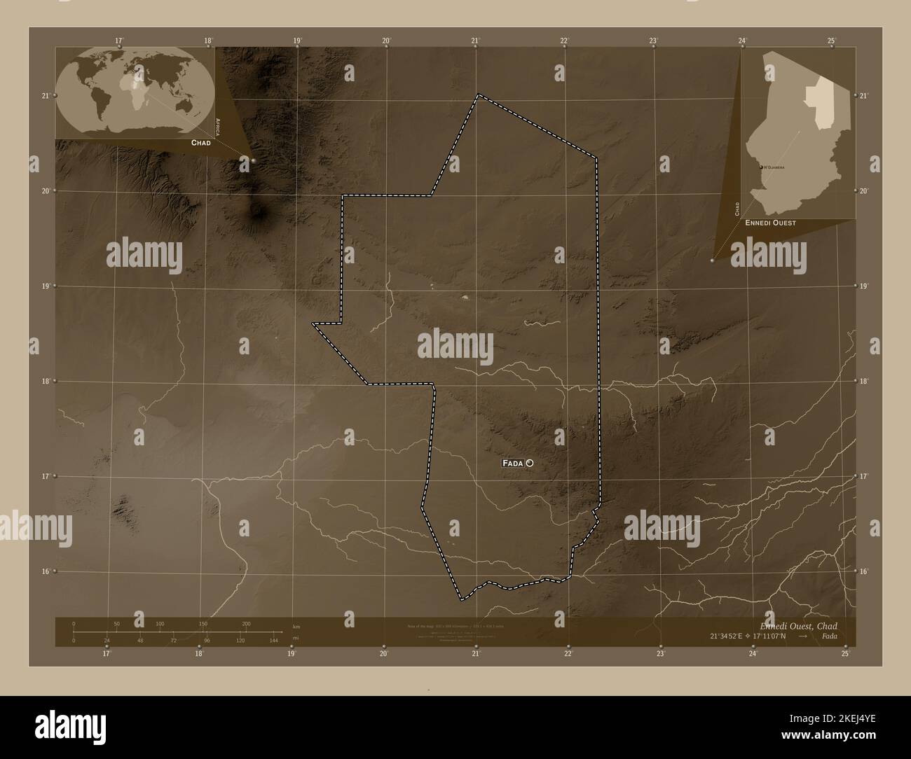 Ennedi Ouest, region of Chad. Elevation map colored in sepia tones with ...