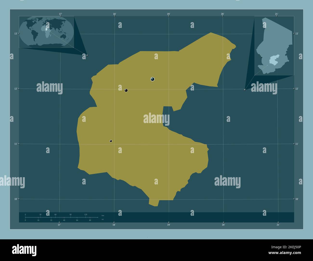 Guera, region of Chad. Solid color shape. Locations of major cities of ...