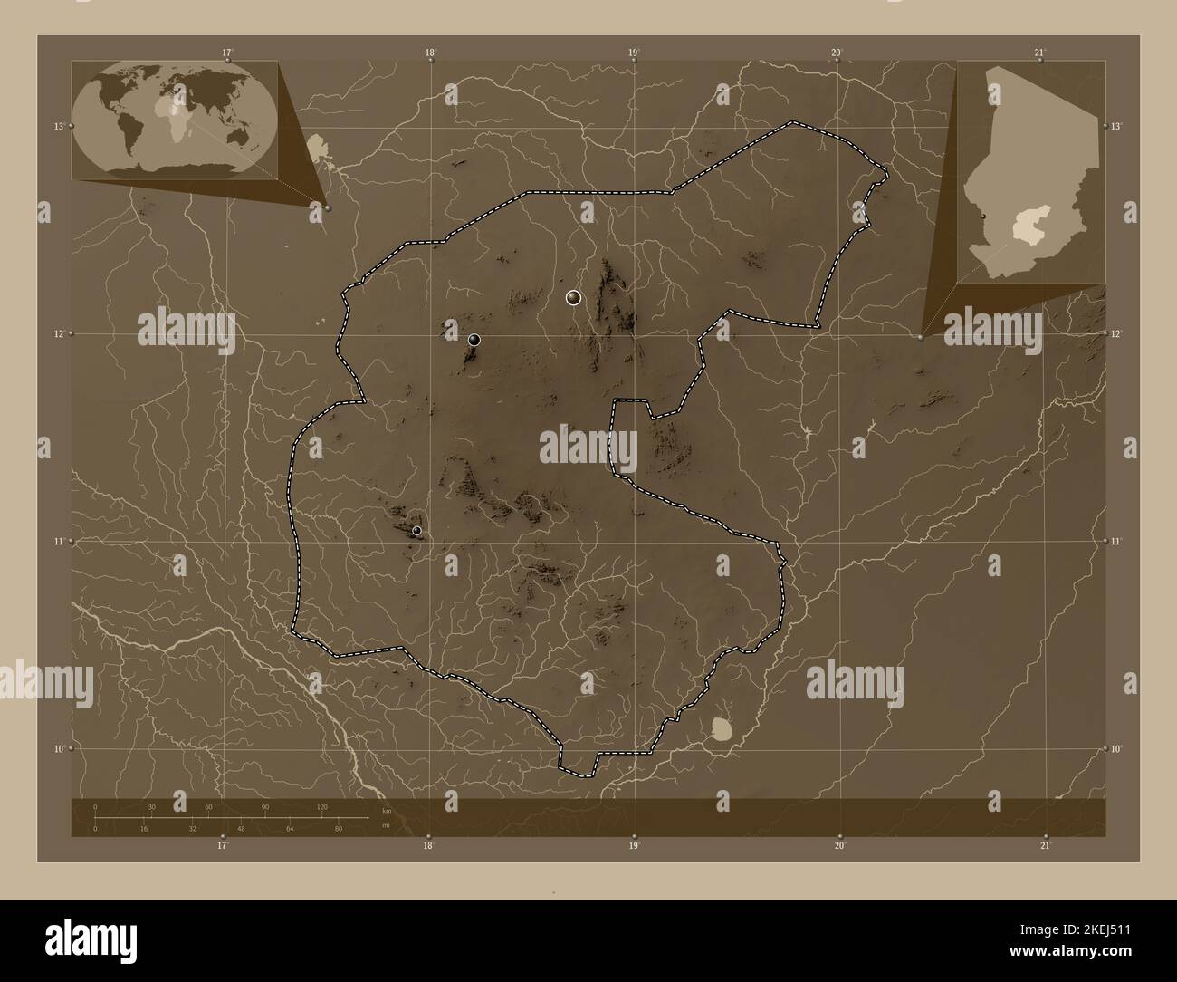Guera, region of Chad. Elevation map colored in sepia tones with lakes ...