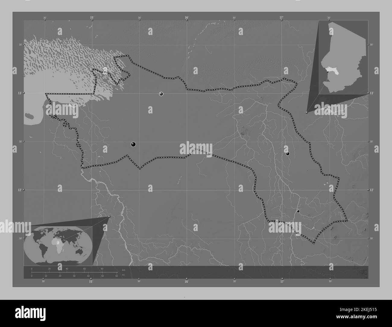 Hadjer-Lamis, region of Chad. Grayscale elevation map with lakes and ...