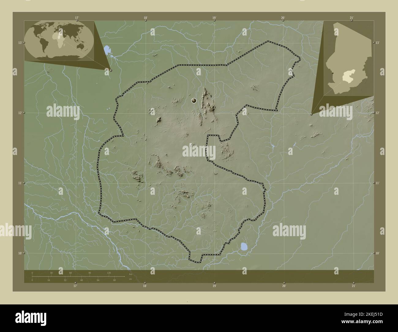 Guera, region of Chad. Elevation map colored in wiki style with lakes ...