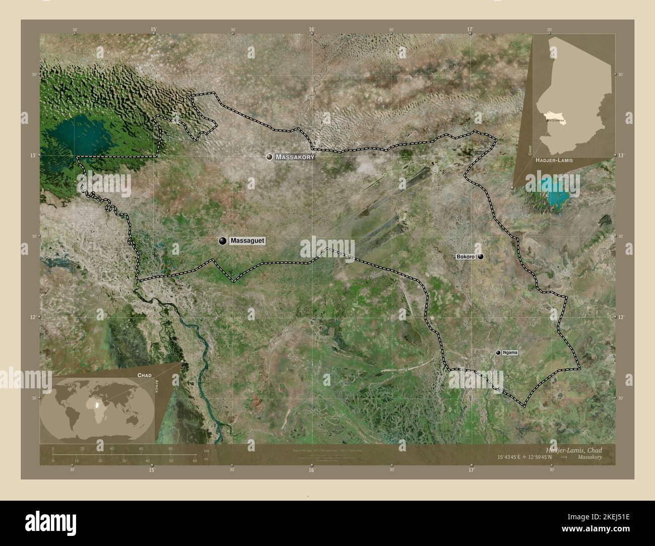 Hadjer-Lamis, region of Chad. High resolution satellite map. Locations ...