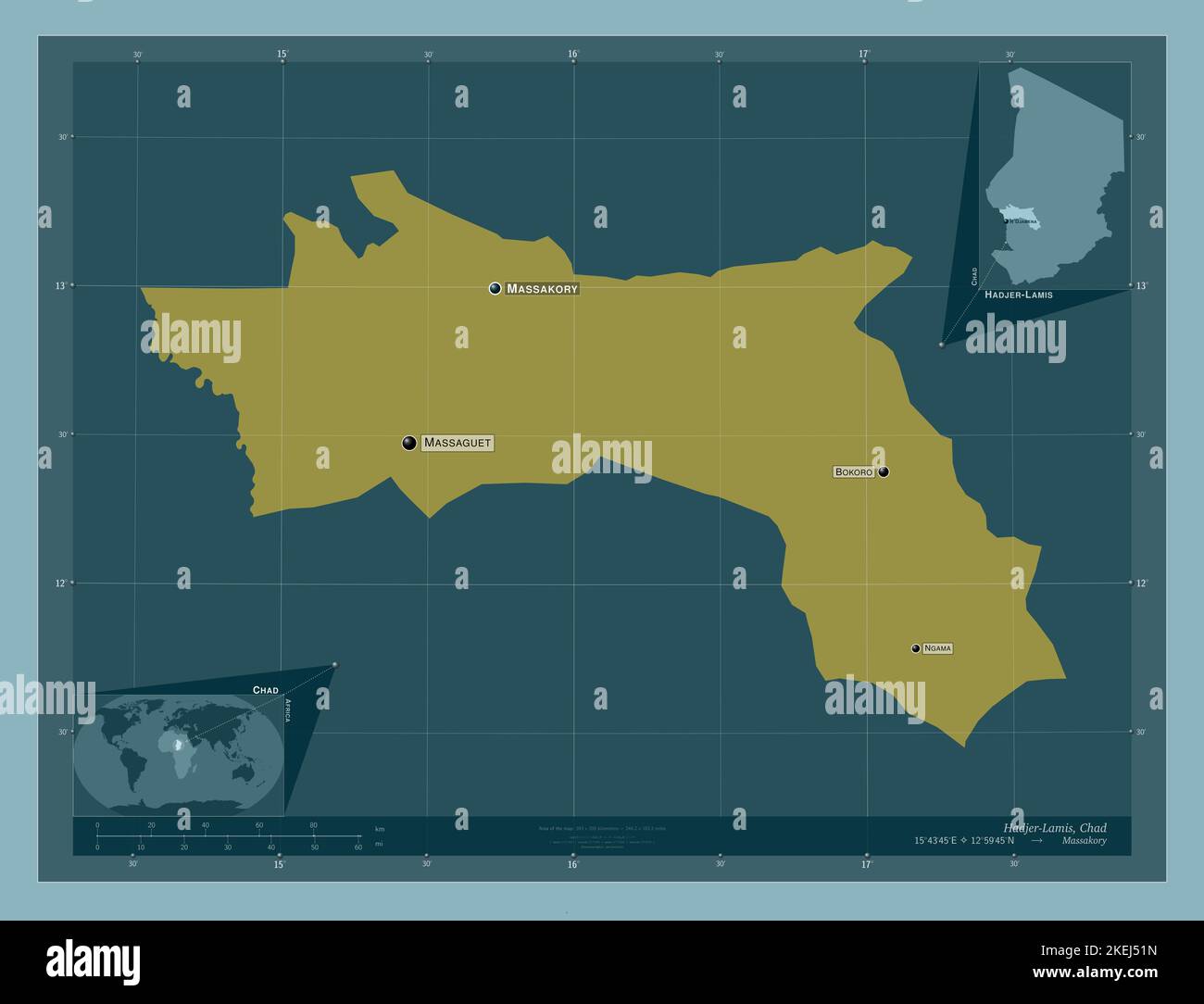 Hadjer-Lamis, region of Chad. Solid color shape. Locations and names of ...