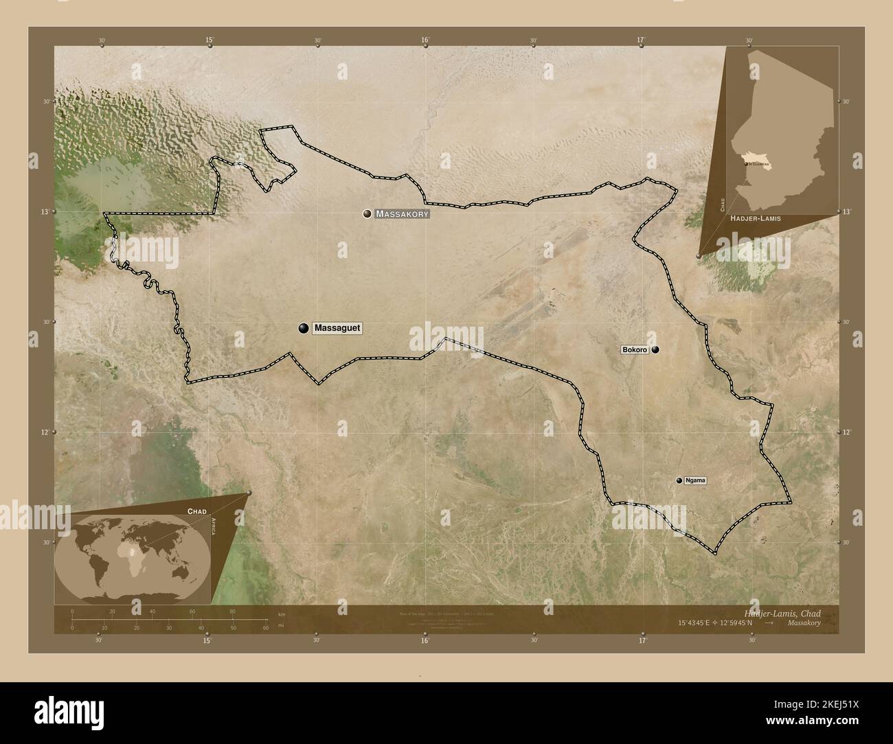 Hadjer-Lamis, region of Chad. Low resolution satellite map. Locations and names of major cities ...