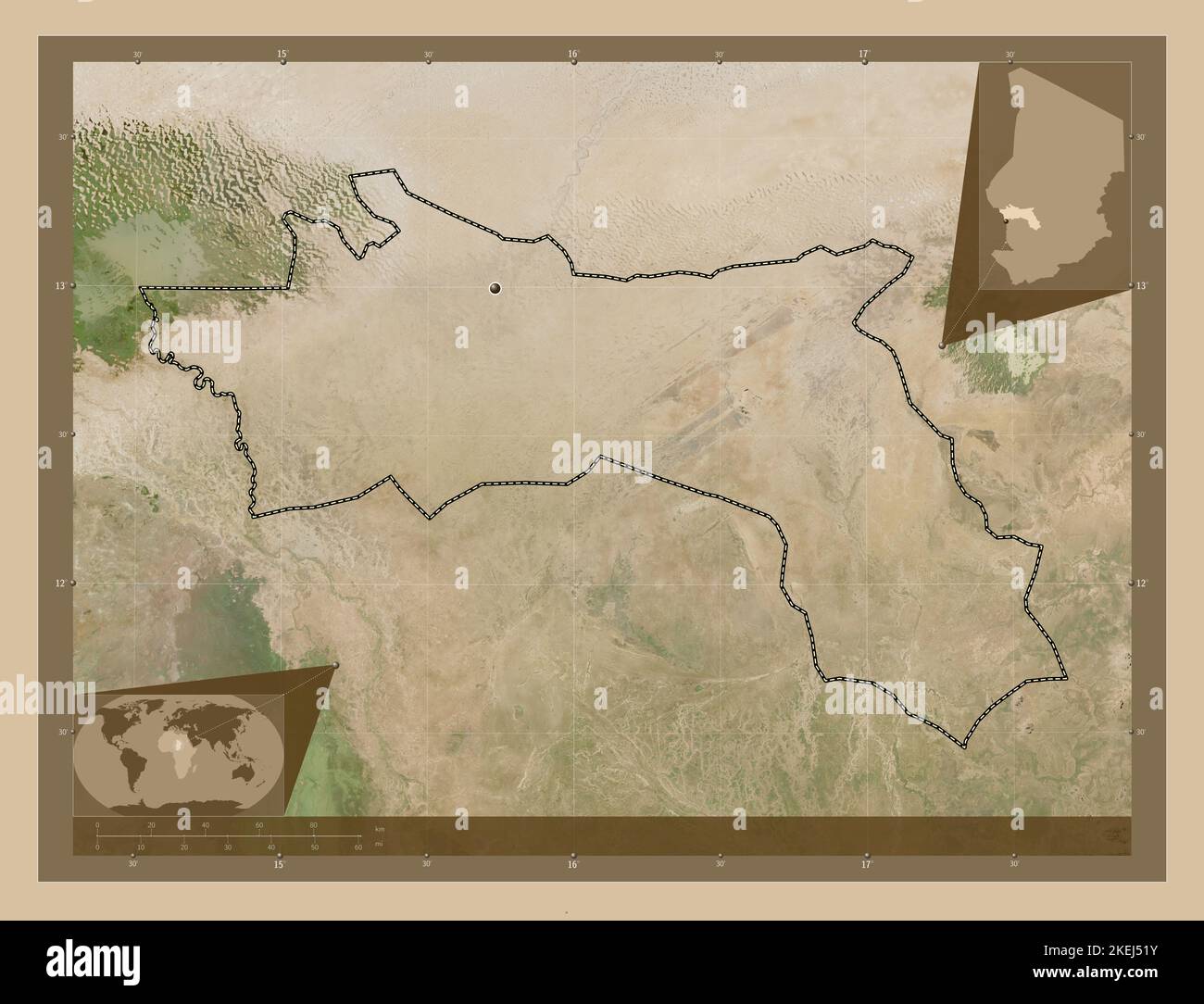 Hadjer-Lamis, region of Chad. Low resolution satellite map. Corner ...