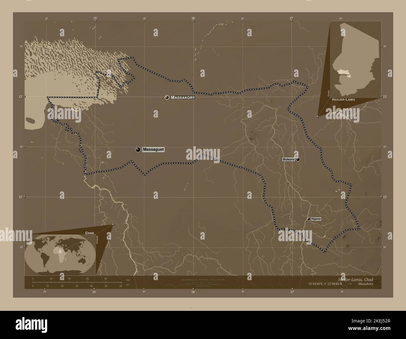 Hadjer-Lamis, region of Chad. Elevation map colored in sepia tones with ...