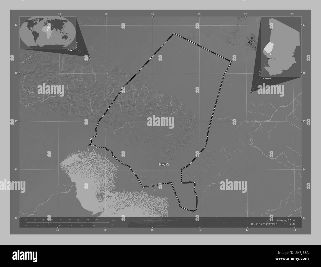 Kanem, region of Chad. Grayscale elevation map with lakes and rivers. Locations and names of ...