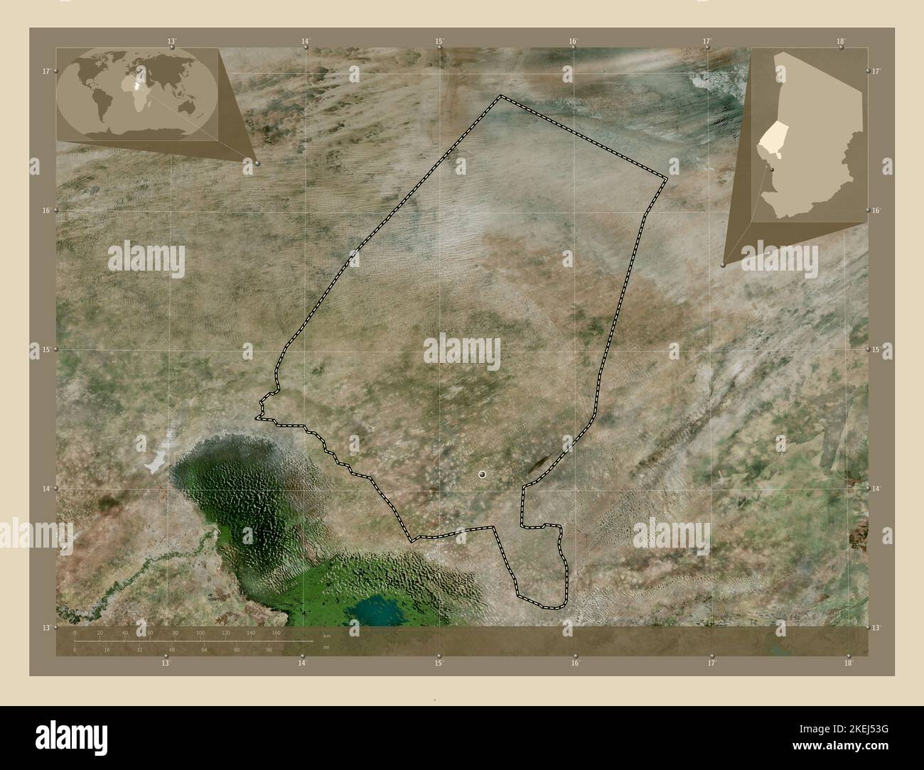 Kanem, region of Chad. High resolution satellite map. Locations of ...