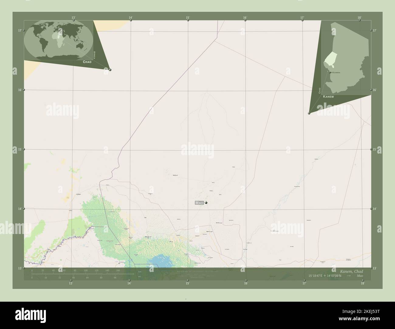 Kanem, region of Chad. Open Street Map. Locations and names of major cities of the region ...
