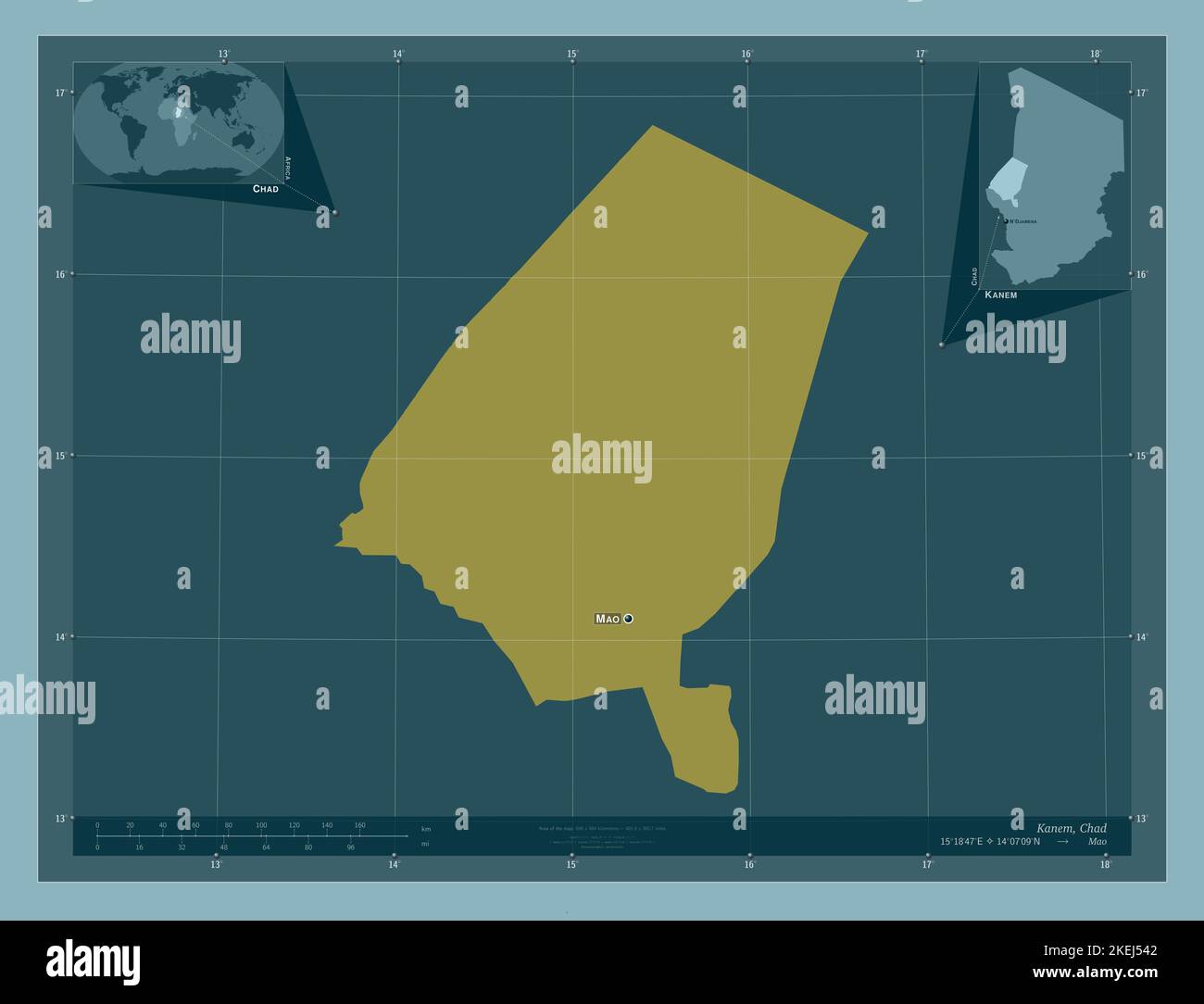 Kanem, region of Chad. Solid color shape. Locations and names of major cities of the region ...