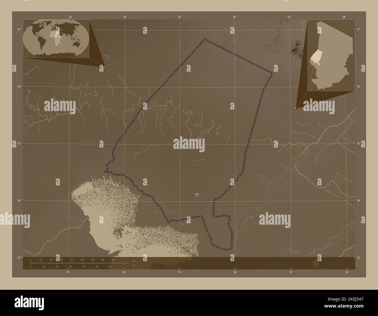 Kanem, region of Chad. Elevation map colored in sepia tones with lakes ...