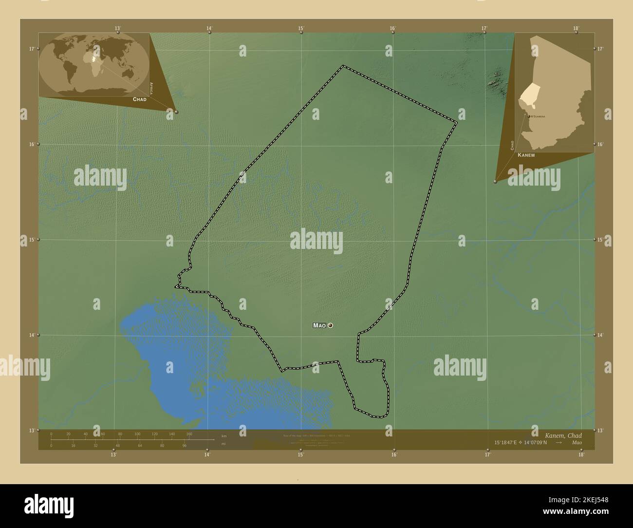 Kanem, region of Chad. Colored elevation map with lakes and rivers. Locations and names of major ...