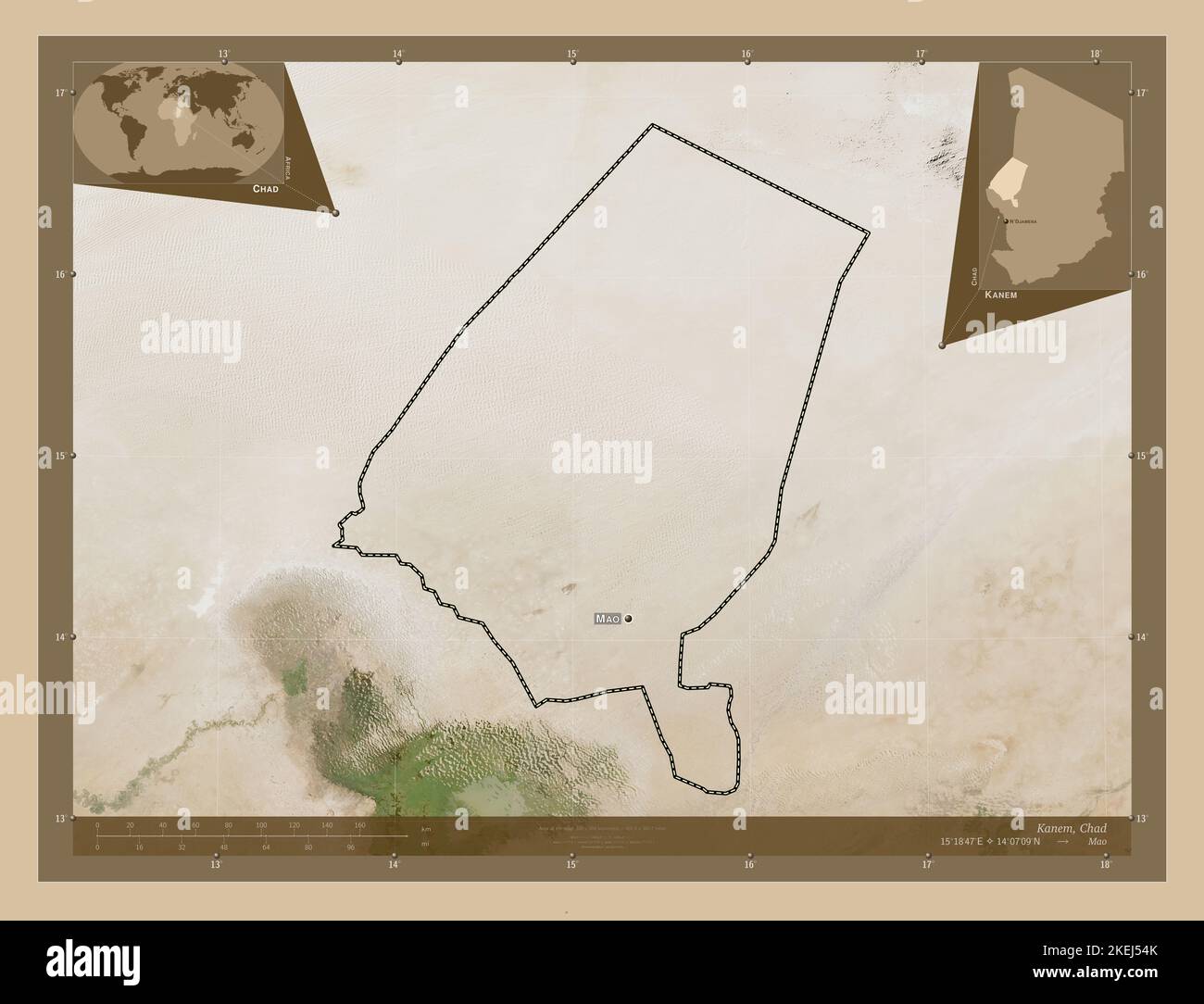 Kanem, region of Chad. Low resolution satellite map. Locations and names of major cities of the ...
