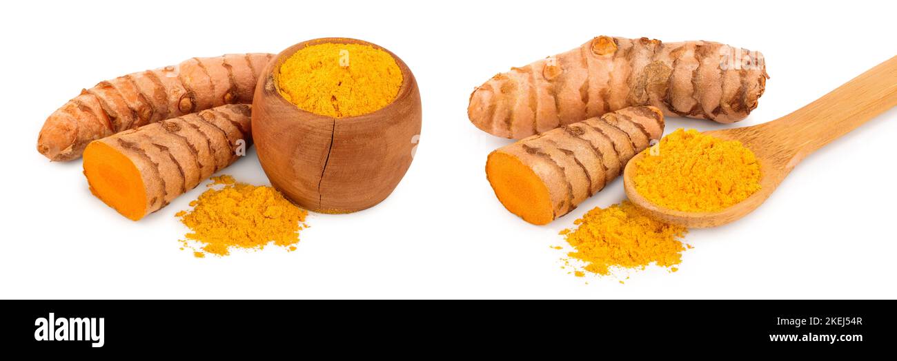 turmeric root and powder isolated on white background close up Stock ...