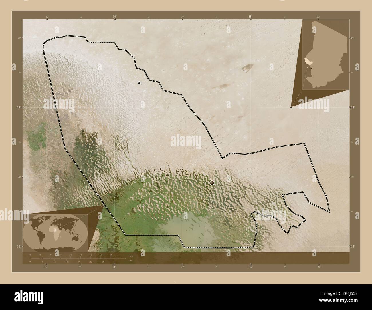 Lac, region of Chad. Low resolution satellite map. Locations of major ...