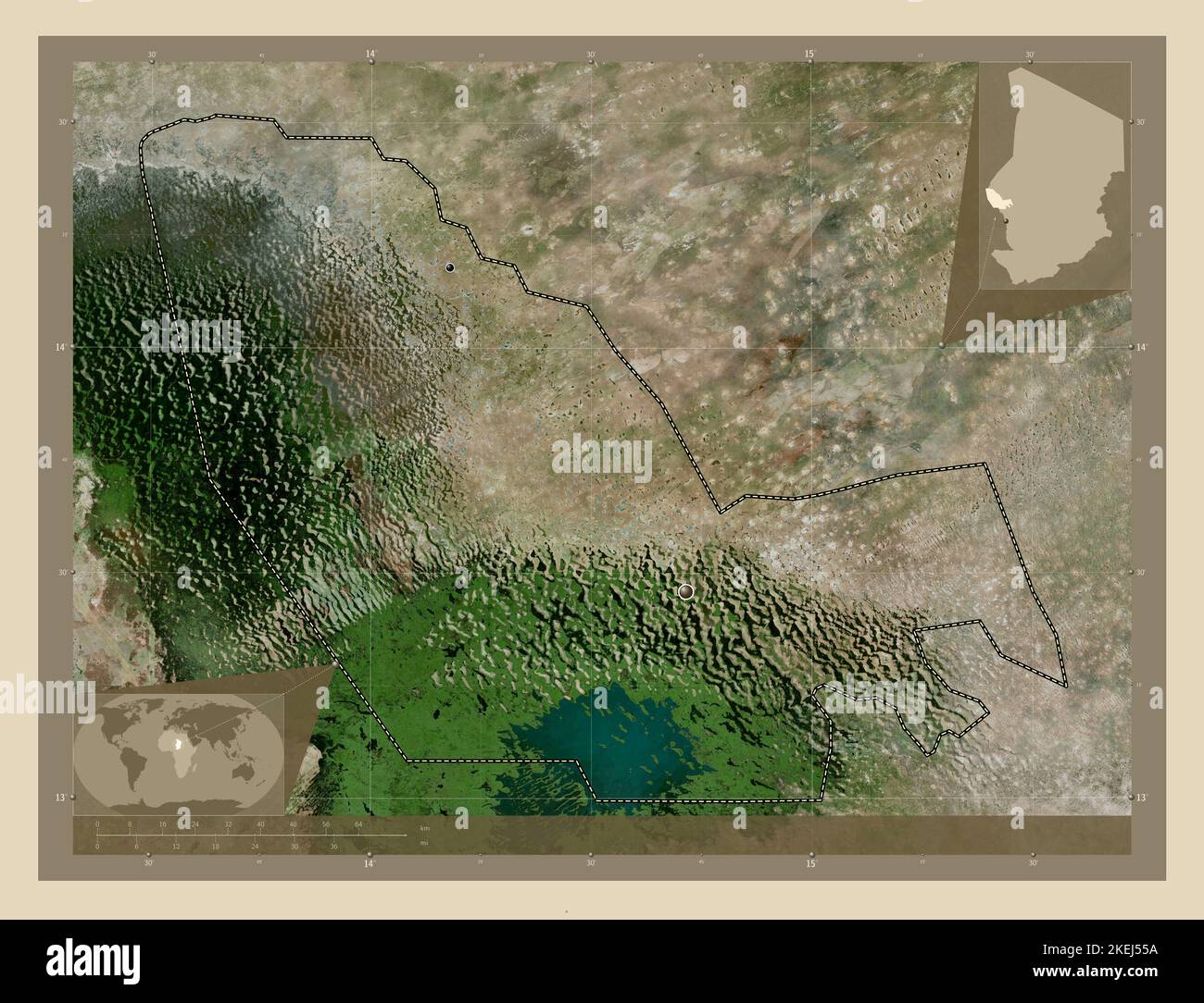 Lac, region of Chad. High resolution satellite map. Locations of major ...