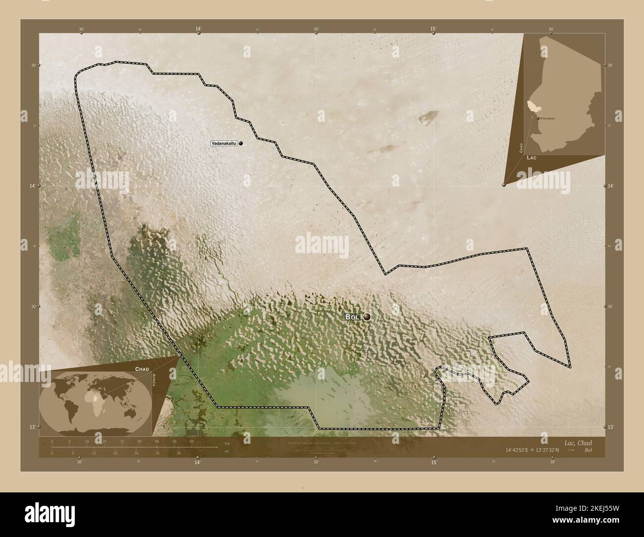 Lac, region of Chad. Low resolution satellite map. Locations and names ...