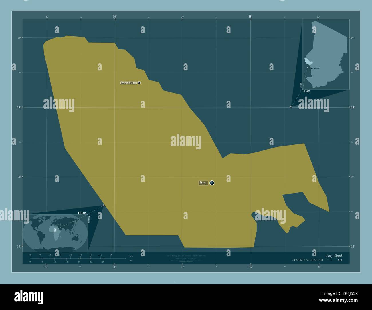 Lac, region of Chad. Solid color shape. Locations and names of major ...