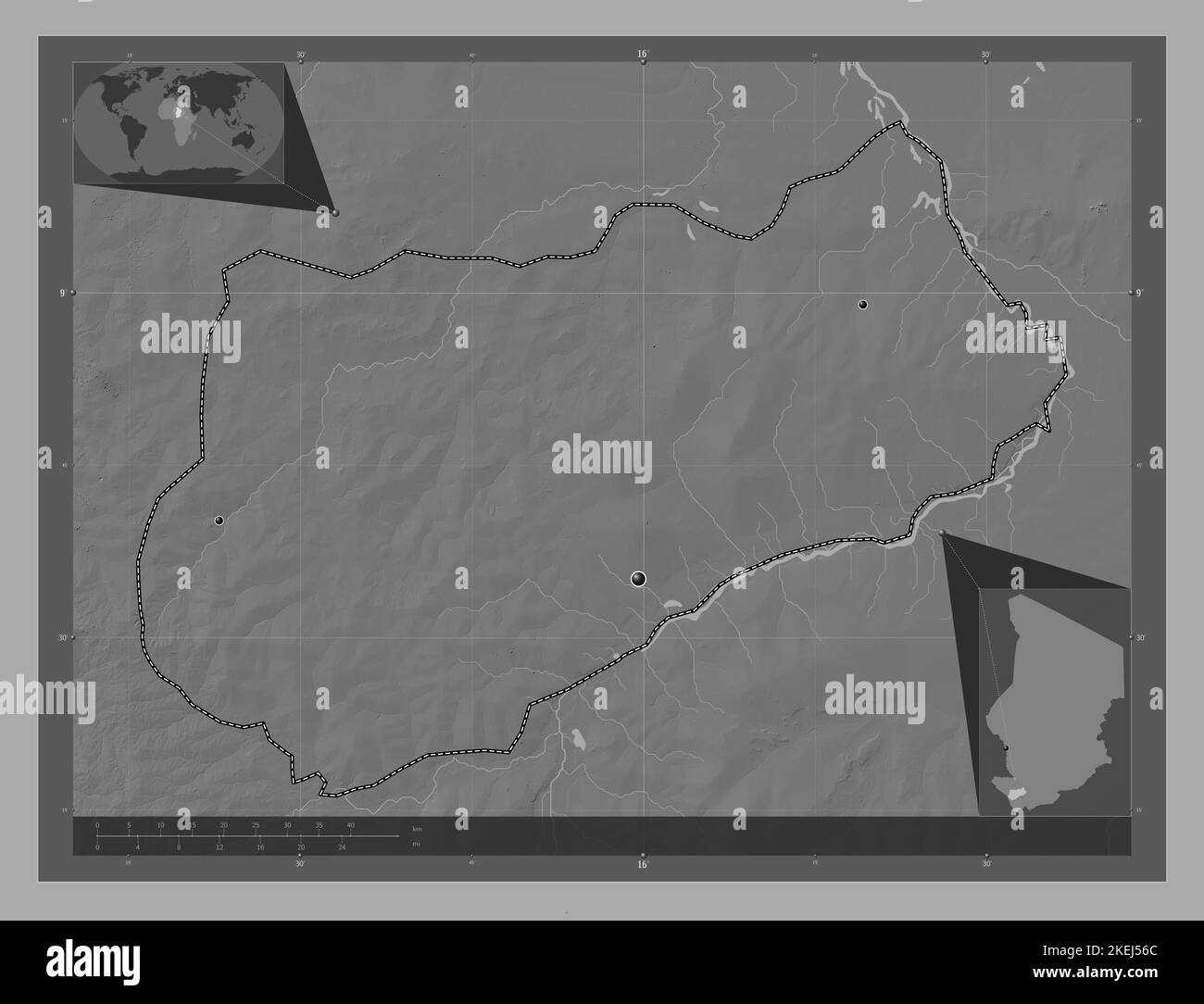 Logone Occidental, region of Chad. Bilevel elevation map with lakes and ...