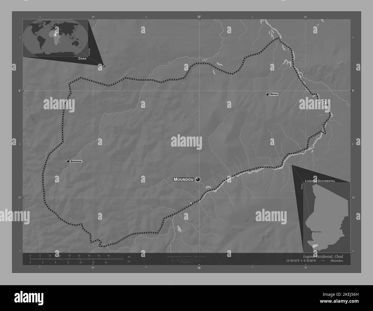 Logone Occidental, region of Chad. Bilevel elevation map with lakes and ...
