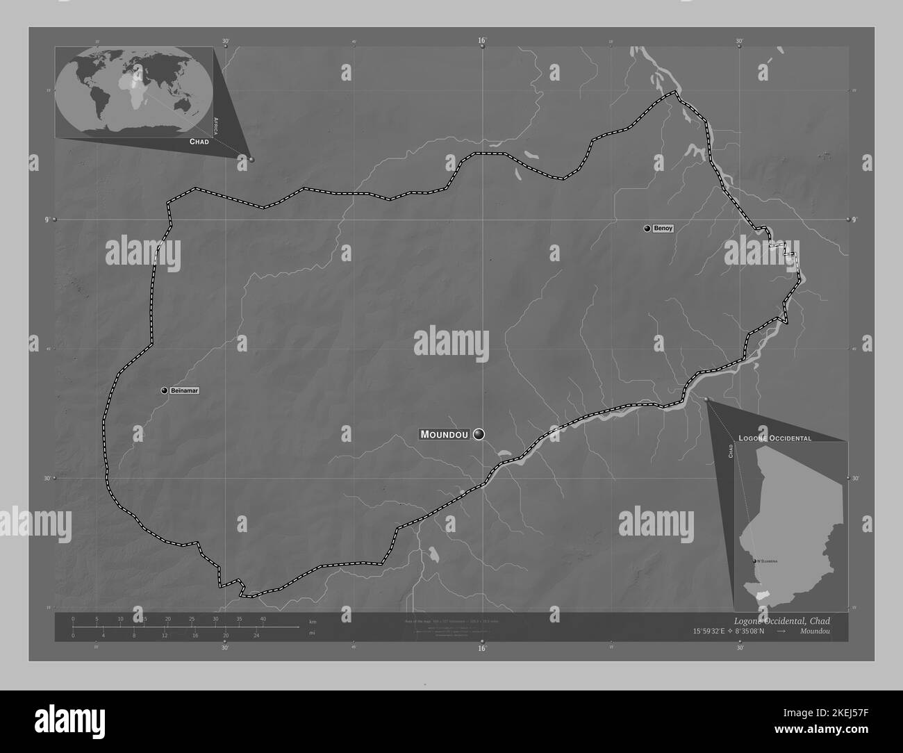 Logone Occidental, region of Chad. Grayscale elevation map with lakes ...
