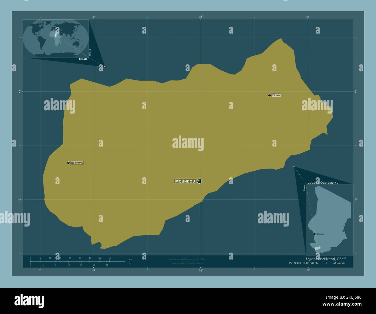 Logone Occidental, region of Chad. Solid color shape. Locations and ...
