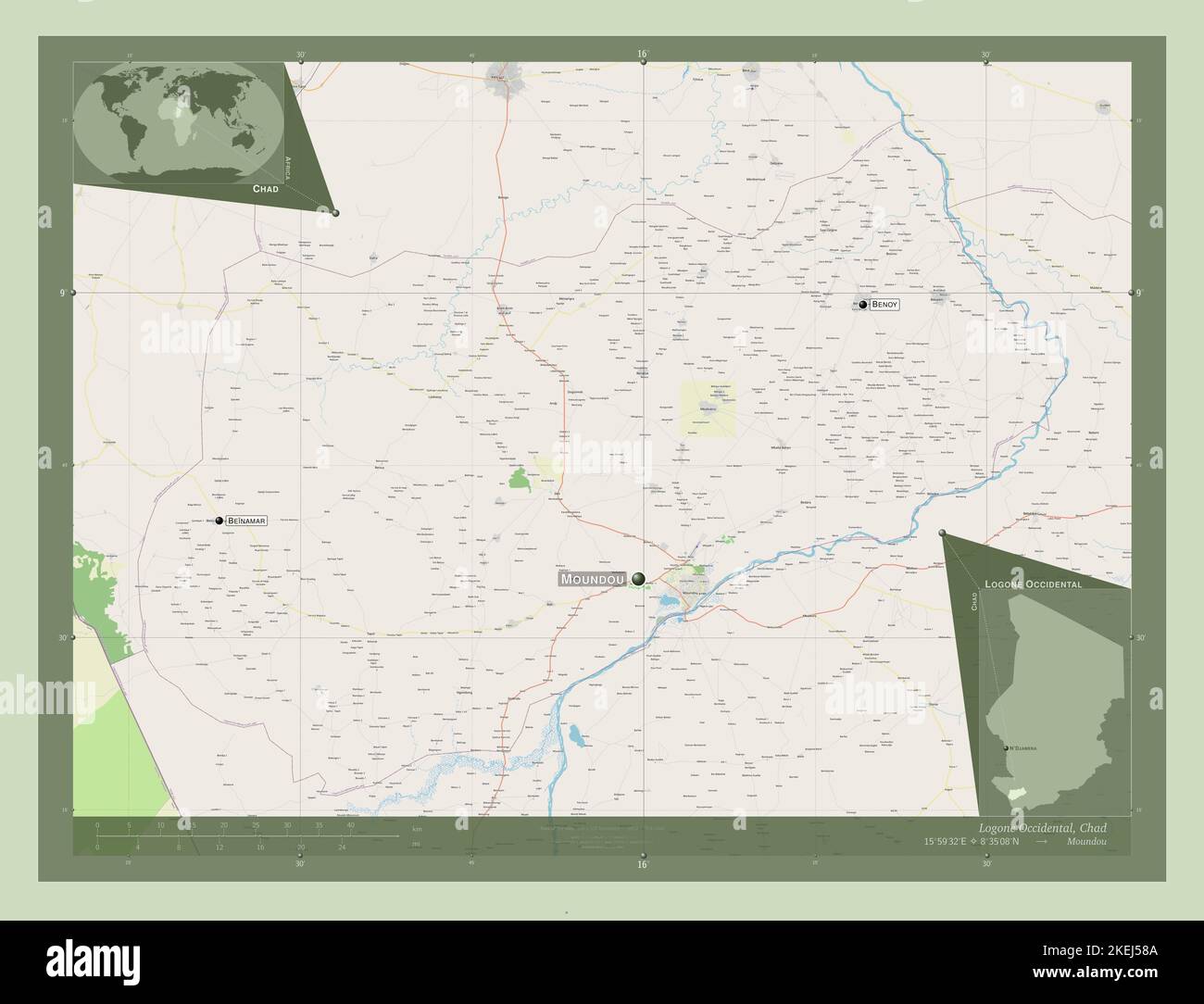 Logone Occidental, region of Chad. Open Street Map. Locations and names ...
