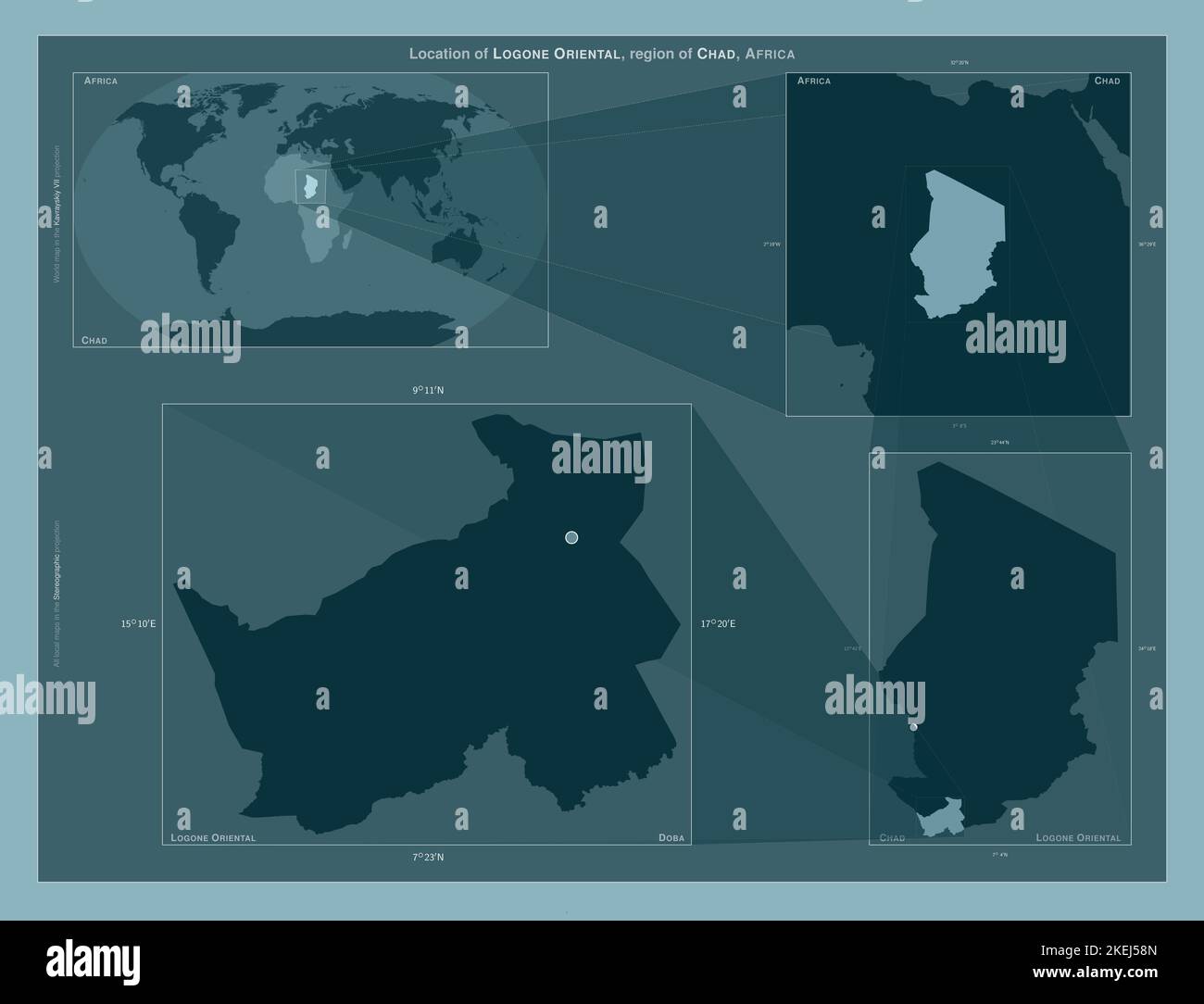 Logone Oriental, region of Chad. Diagram showing the location of the region on larger-scale maps ...