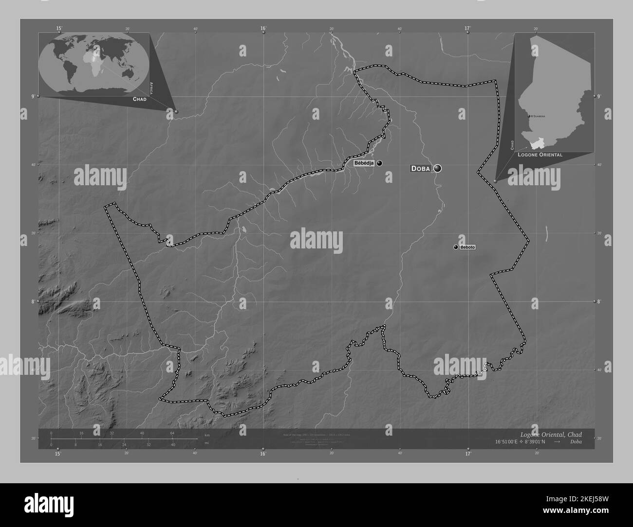 Logone Oriental, region of Chad. Grayscale elevation map with lakes and ...