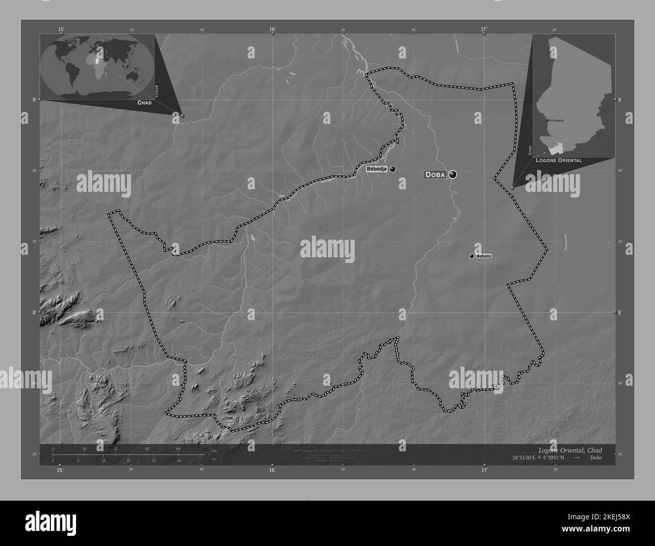 Logone Oriental, region of Chad. Bilevel elevation map with lakes and rivers. Locations and ...