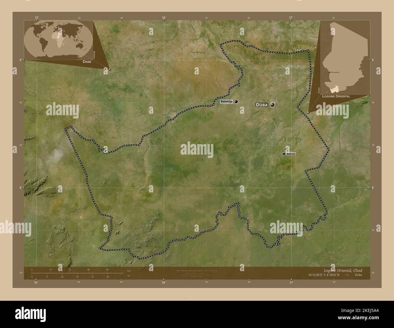 Logone Oriental, region of Chad. Low resolution satellite map. Locations and names of major ...