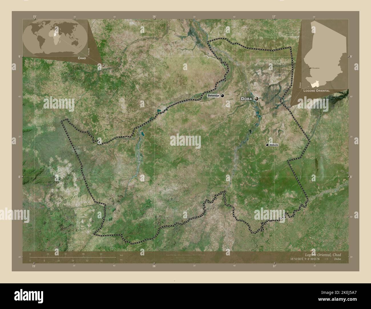 Logone Oriental, region of Chad. High resolution satellite map. Locations and names of major ...