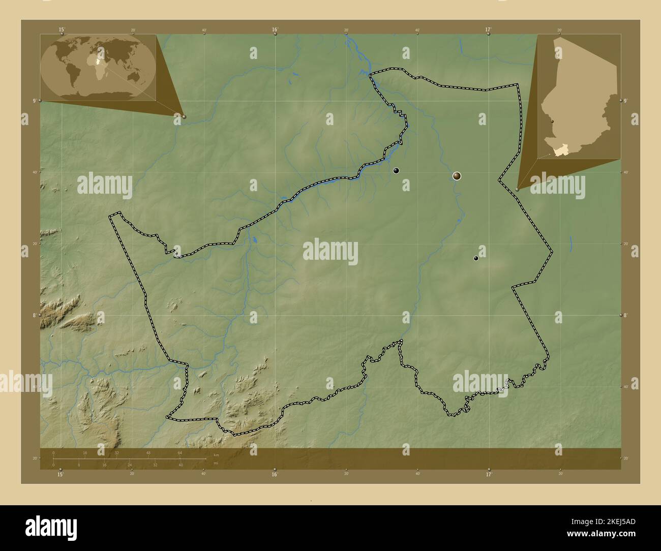 Logone Oriental, region of Chad. Colored elevation map with lakes and ...