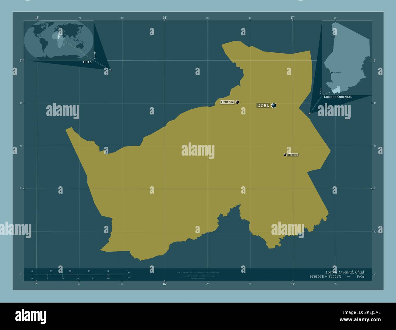 Logone Oriental, region of Chad. Solid color shape. Locations and names of major cities of the ...