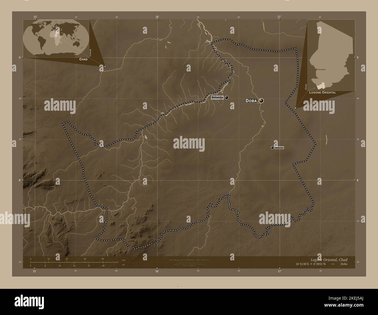 Logone Oriental, region of Chad. Elevation map colored in sepia tones with lakes and rivers ...