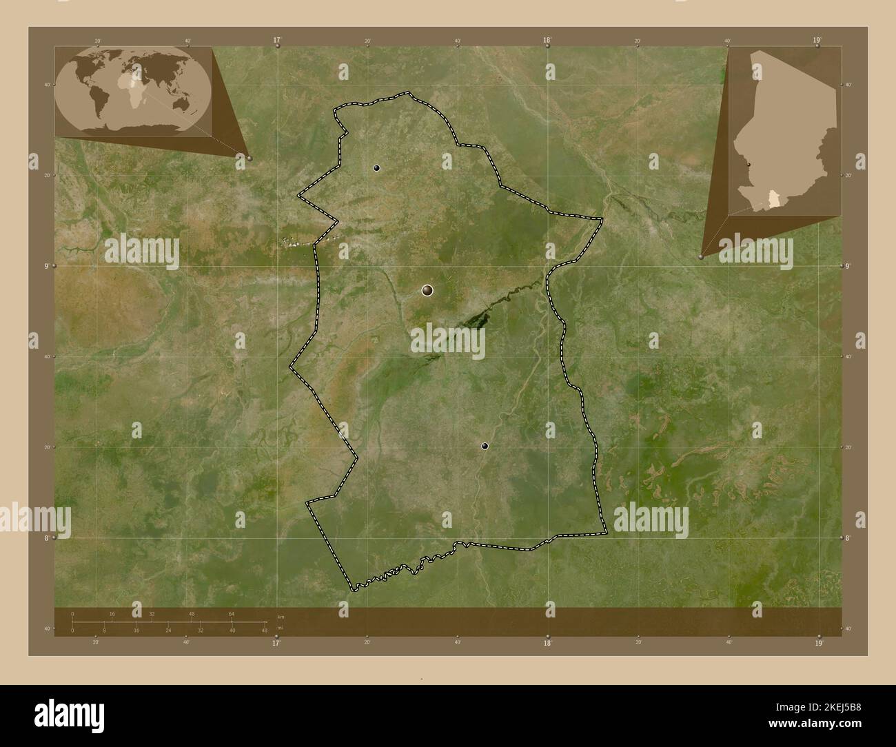 Mandoul, region of Chad. Low resolution satellite map. Locations of ...