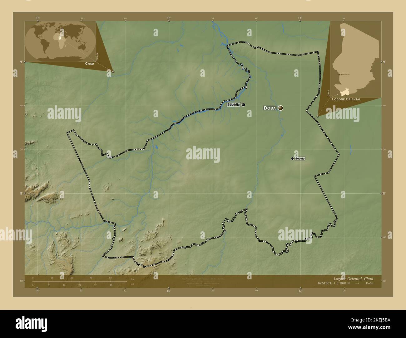 Logone Oriental, region of Chad. Colored elevation map with lakes and ...