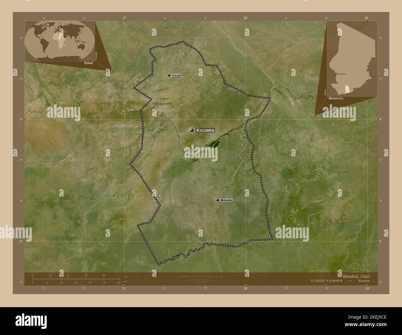 Mandoul, region of Chad. Low resolution satellite map. Locations and ...
