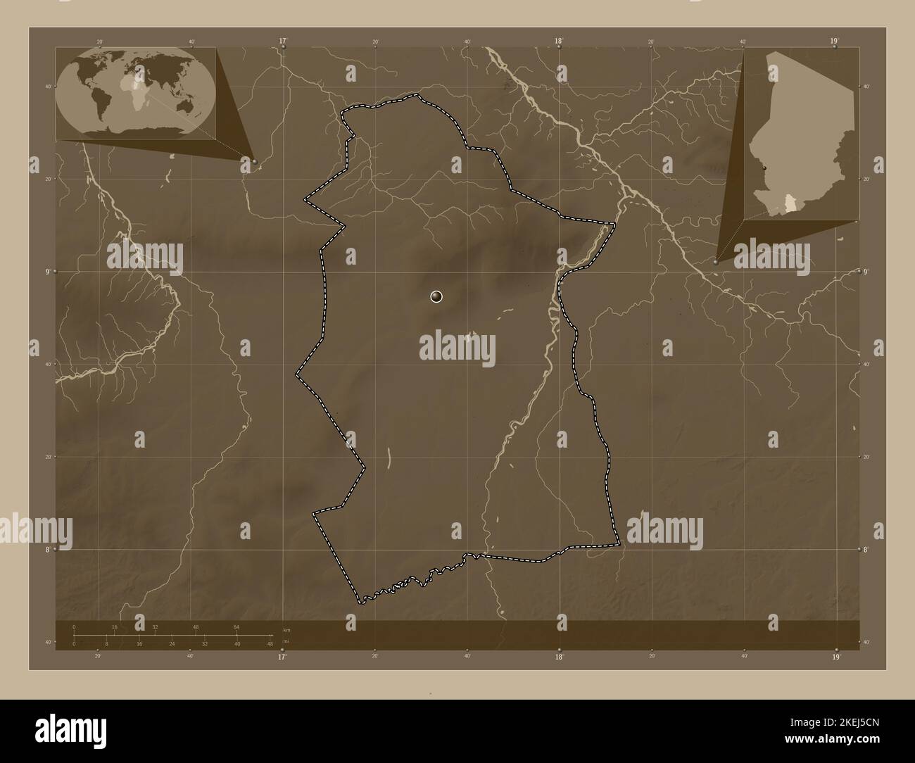 Mandoul, region of Chad. Elevation map colored in sepia tones with ...