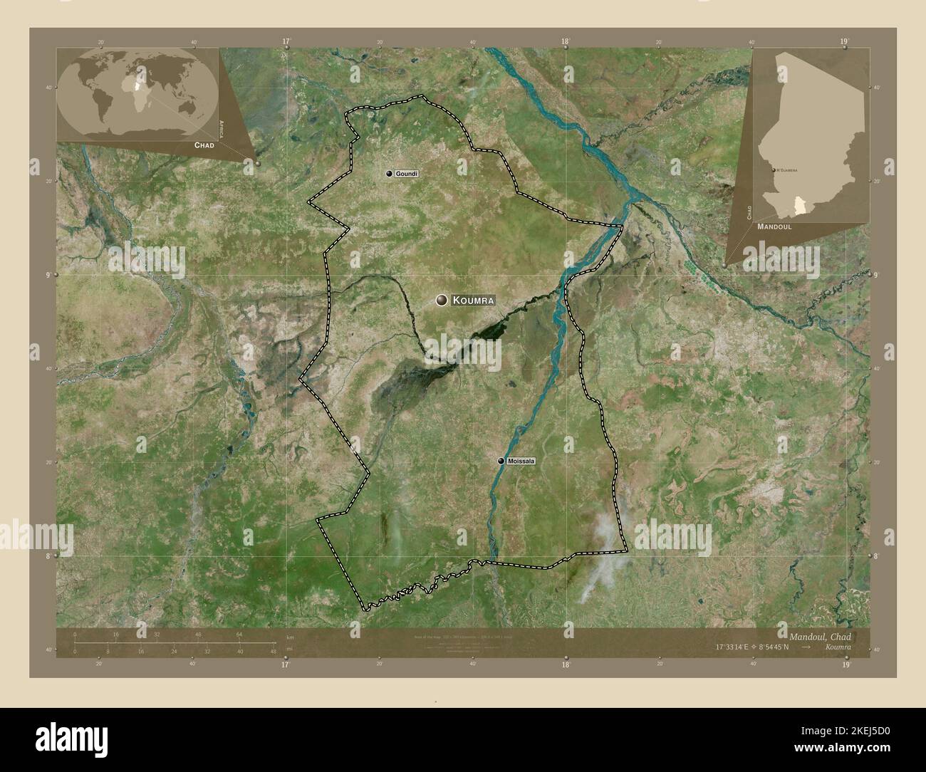 Mandoul, region of Chad. High resolution satellite map. Locations and ...