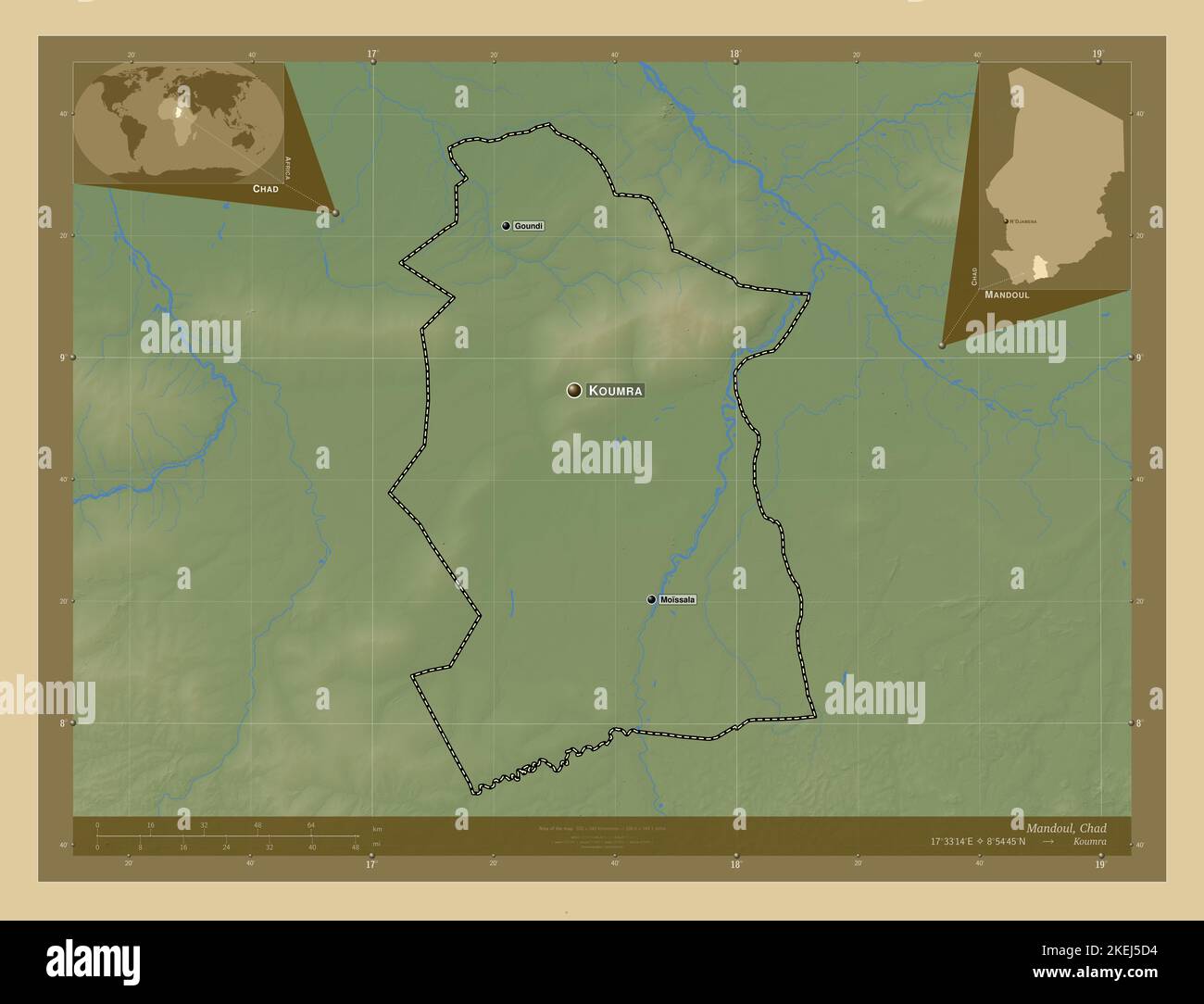 Mandoul, region of Chad. Colored elevation map with lakes and rivers ...